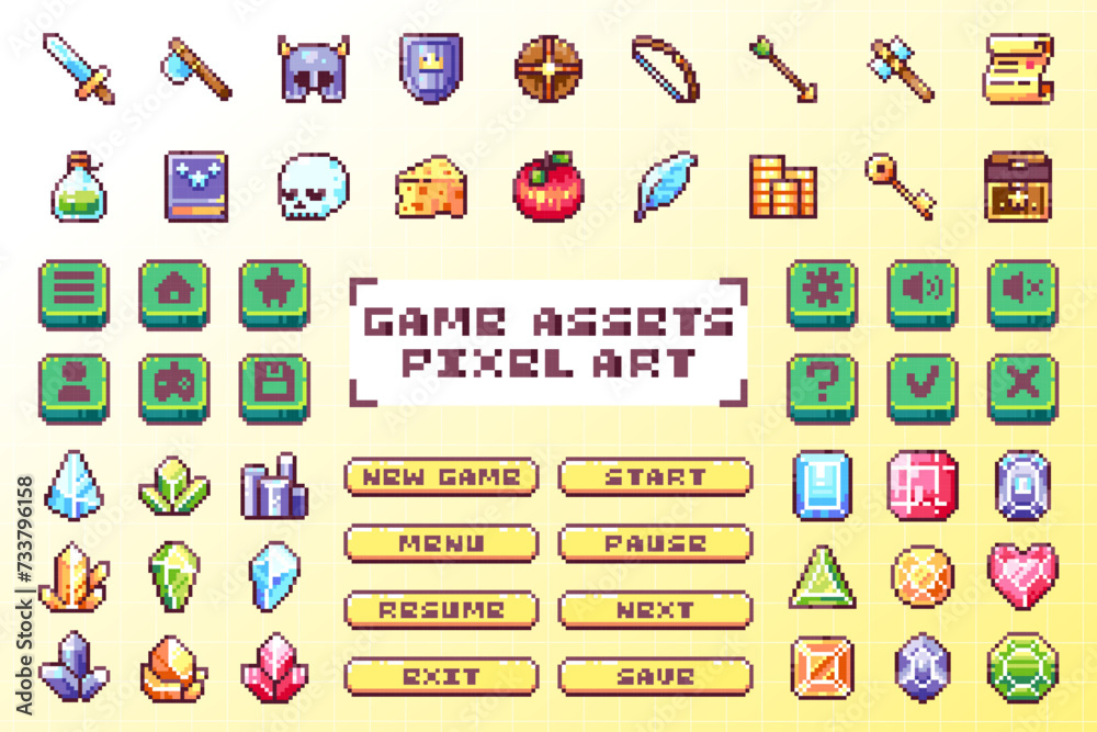 Pixel Game UI Retro 8bit Icons, Buttons and Signs - Start, Pause, Save ...