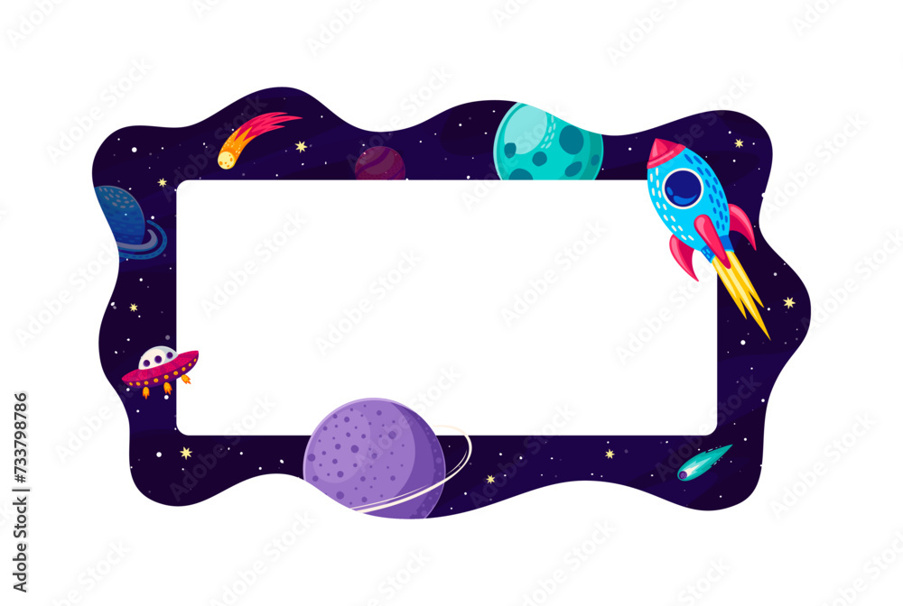 Cartoon galaxy space kid frame or border with rocket, planets, comets ...