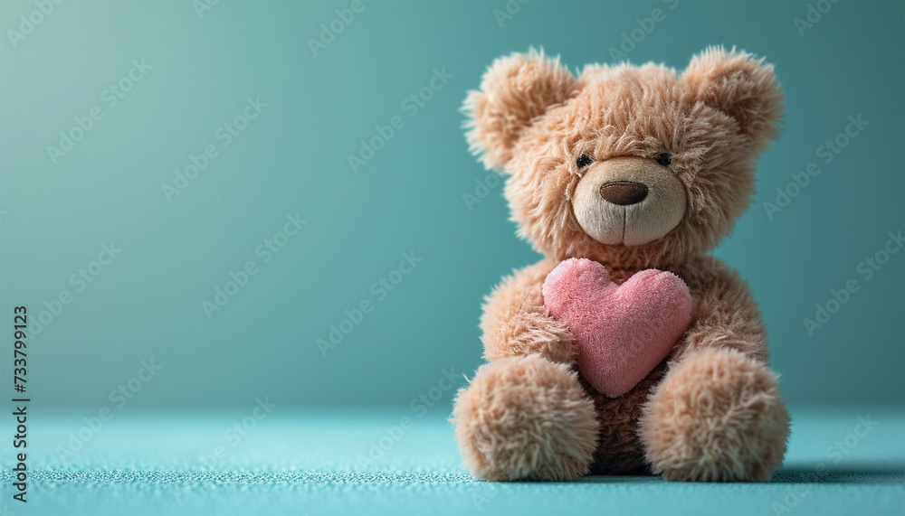 Smiling teddy bear holding red soft heart and pastel green background ...