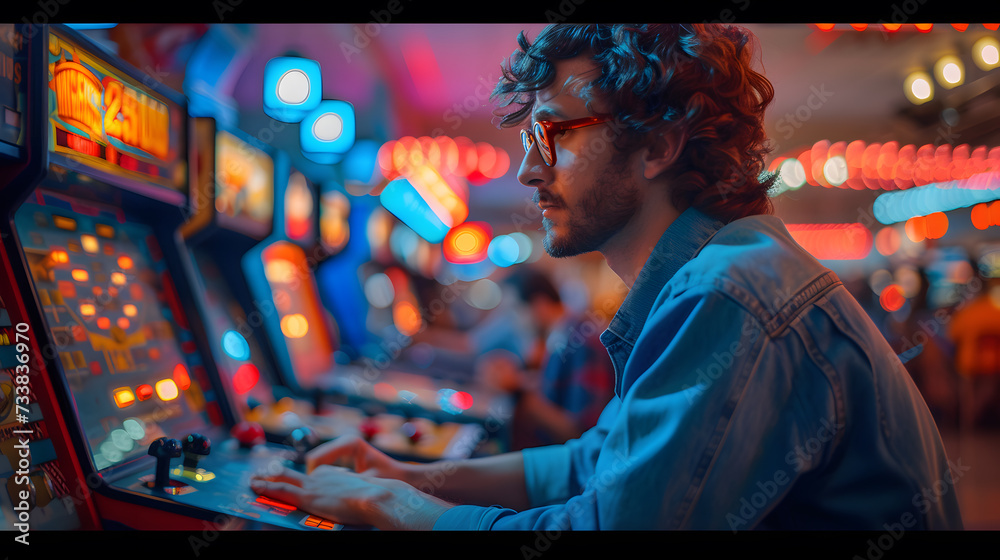 An immersive photograph featuring a gamer enjoying a modern video game ...
