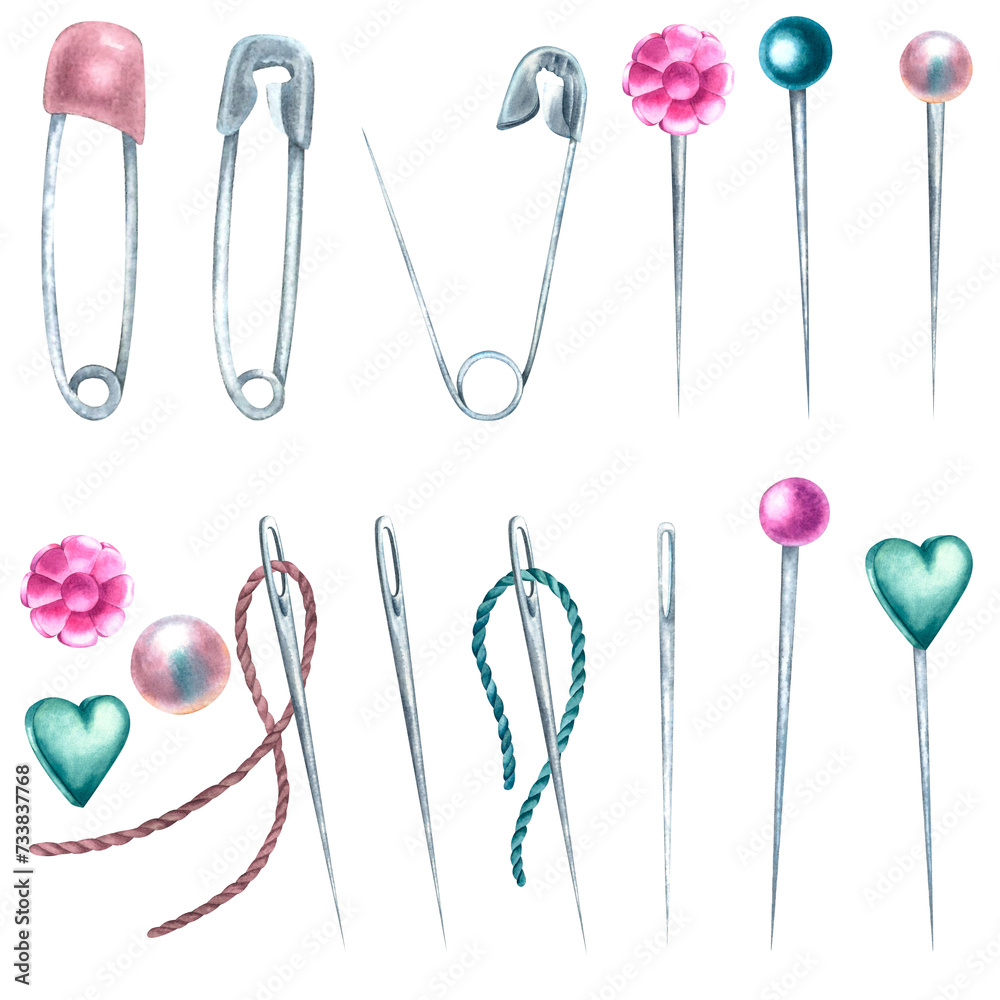 Watercolor hand drawn illustration of needles and threads, different ...