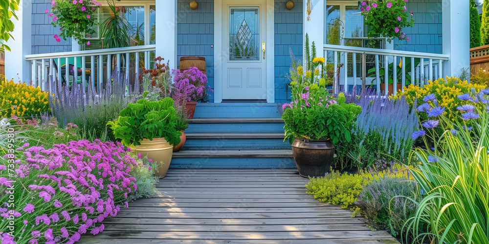 Modern Suburban Home Entrance Pathway. A neat wooden pathway leads to a ...