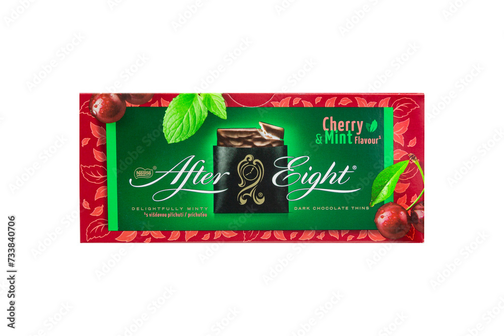 Nestle After eight Cherry and mint flavour box isolated on white ...
