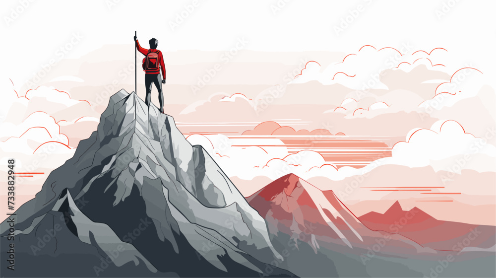 Vector illustration portraying a mountain climber reaching the summit ...