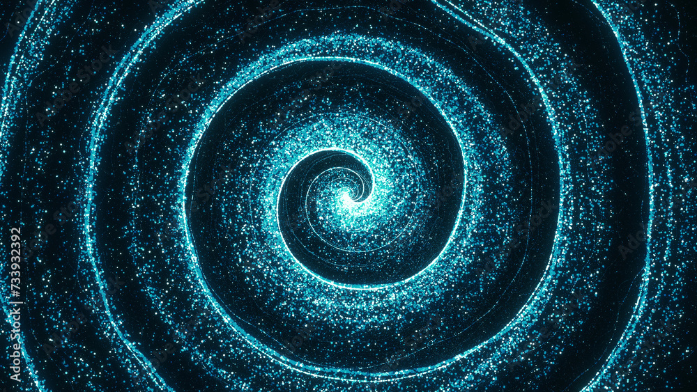 Spiral shiny blue vortex with floating particles on a black background ...