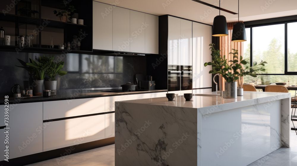 Front view of a modern designer kitchen with smooth handleless cabinets ...