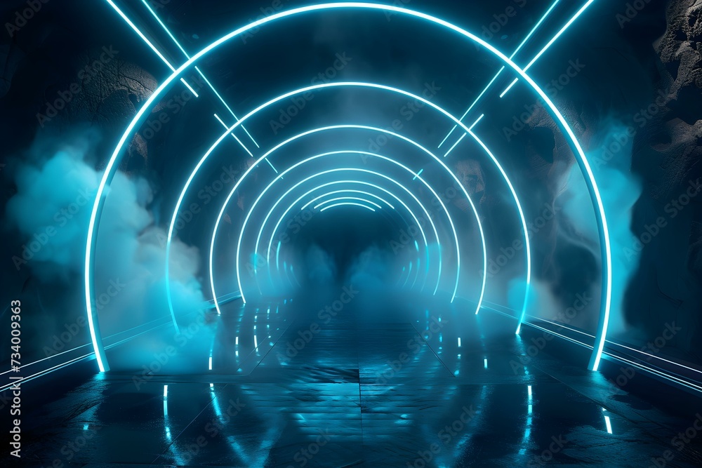 Smoke Fog Mist Neon Glowing Laser Podium Sci Fi Futuristic Circle Lines ...