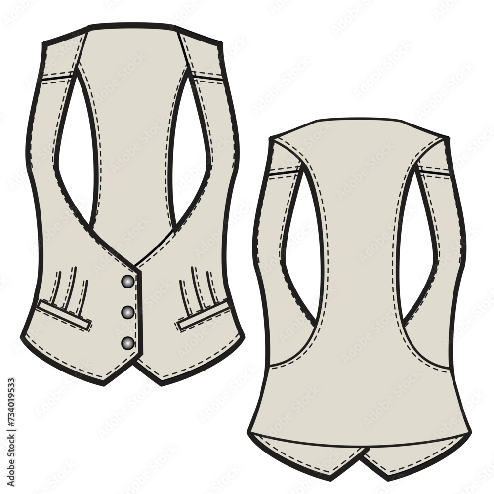 Vetor Classic waistcoat front and back view technical flat sketch ...