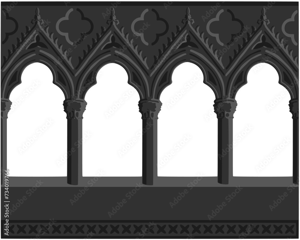 Gothic decorated arcade stylized drawing. Stone ornamented triforium ...