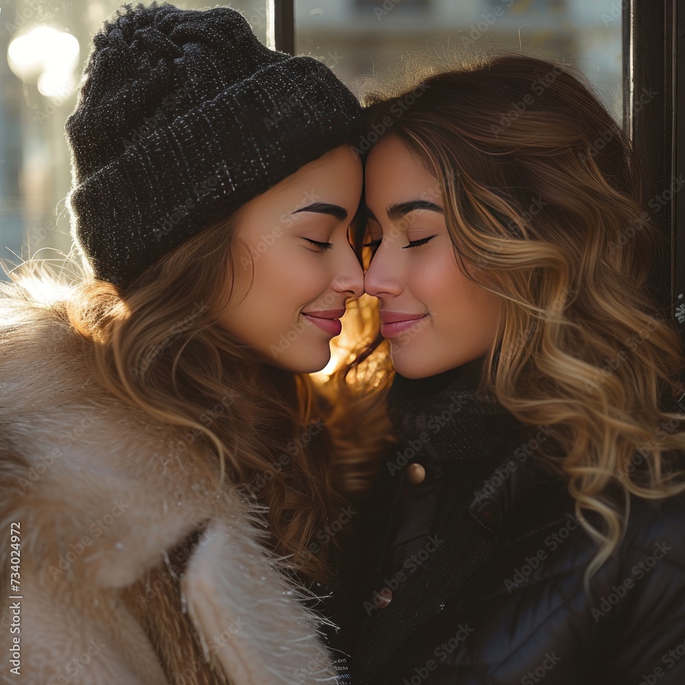 Dominican lesbian couple showing affection and love at street in a ...