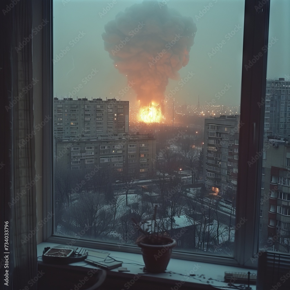 Explosion and fiery destruction in urban areas. View from the window of ...