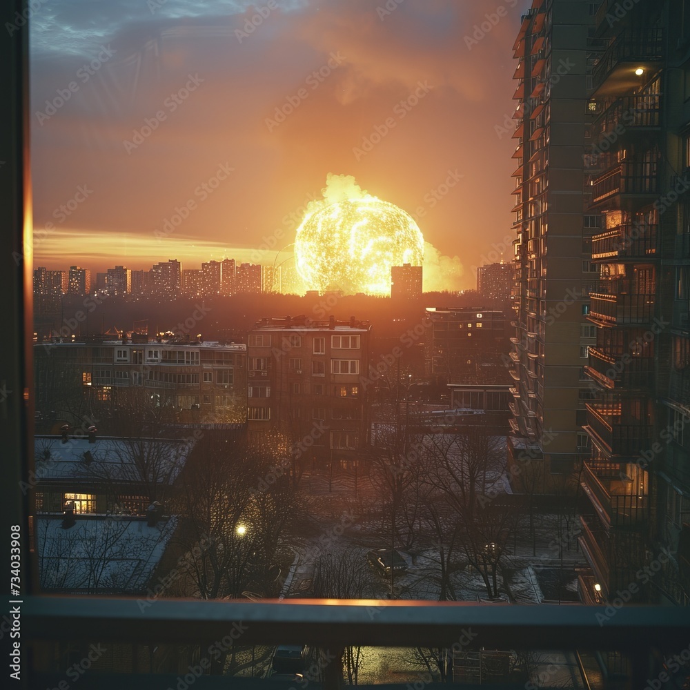 Explosion and fiery destruction in urban areas. View from the window of ...