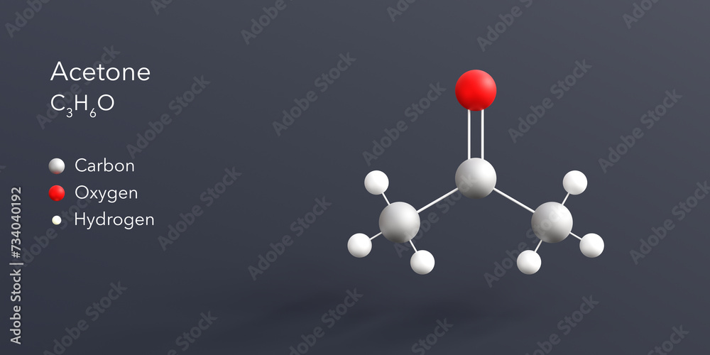 acetone molecule 3d rendering, flat molecular structure with chemical ...