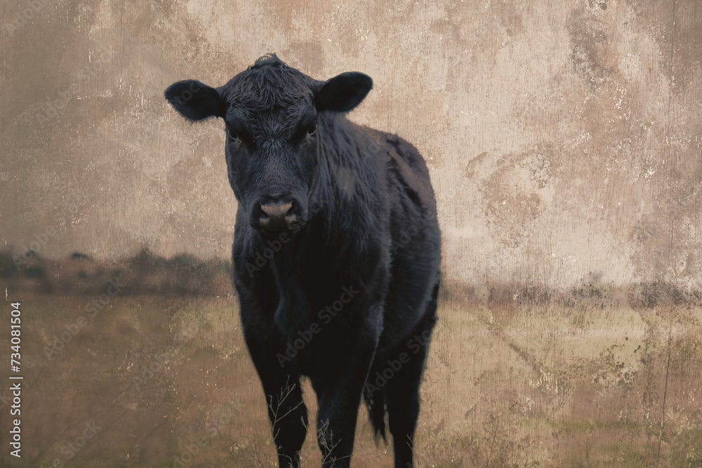 Rustic young black angus cow portrait on beef cattle ranch with vintage ...