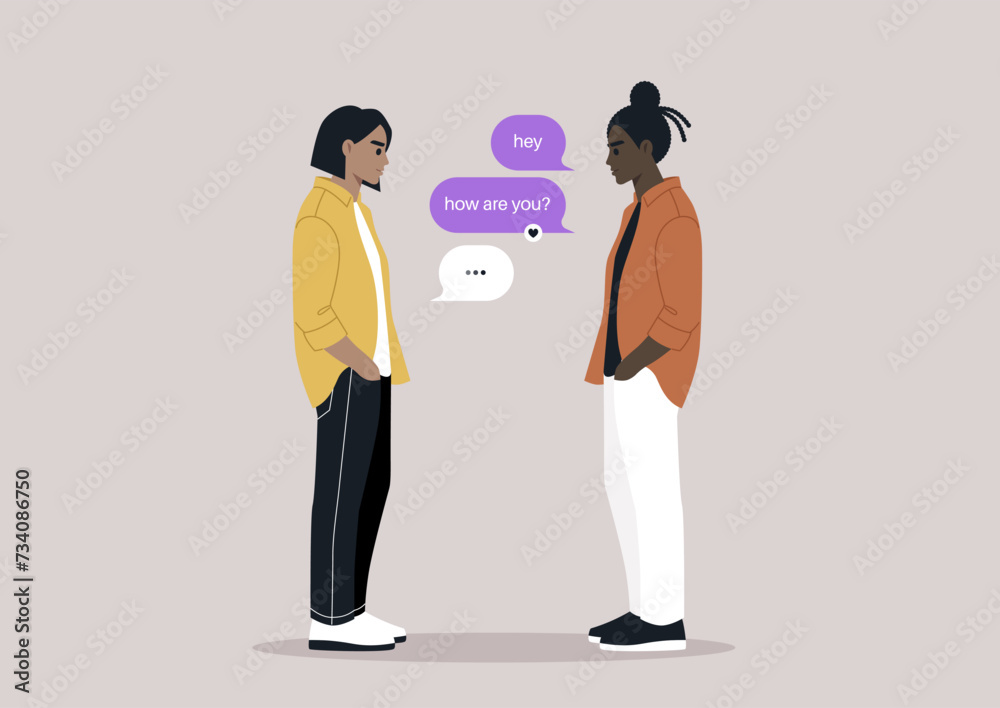 The image captures a modern interaction of two friends exchanging ...