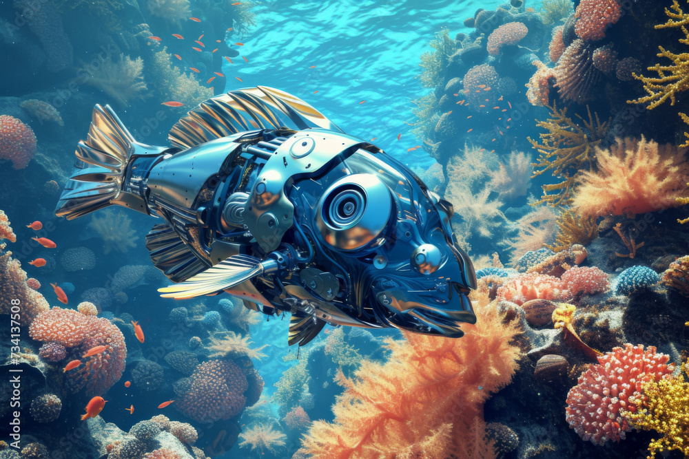 Robotic observation marine life in the ocean background, Underwater ...