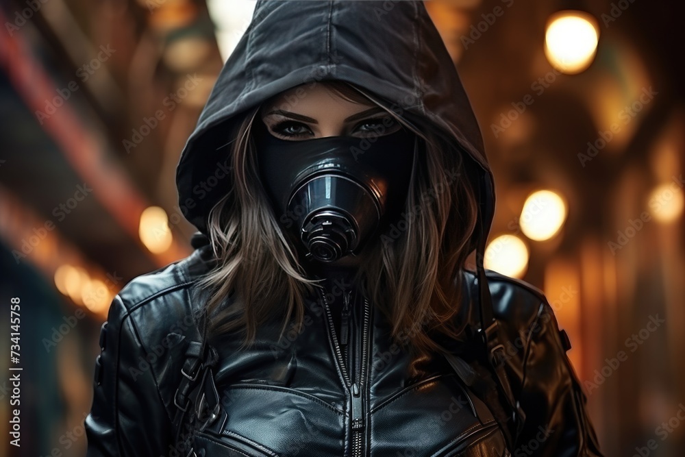 Fashion cyberpunk girl in a leather hoodie jacket wears, cyberpunk ...