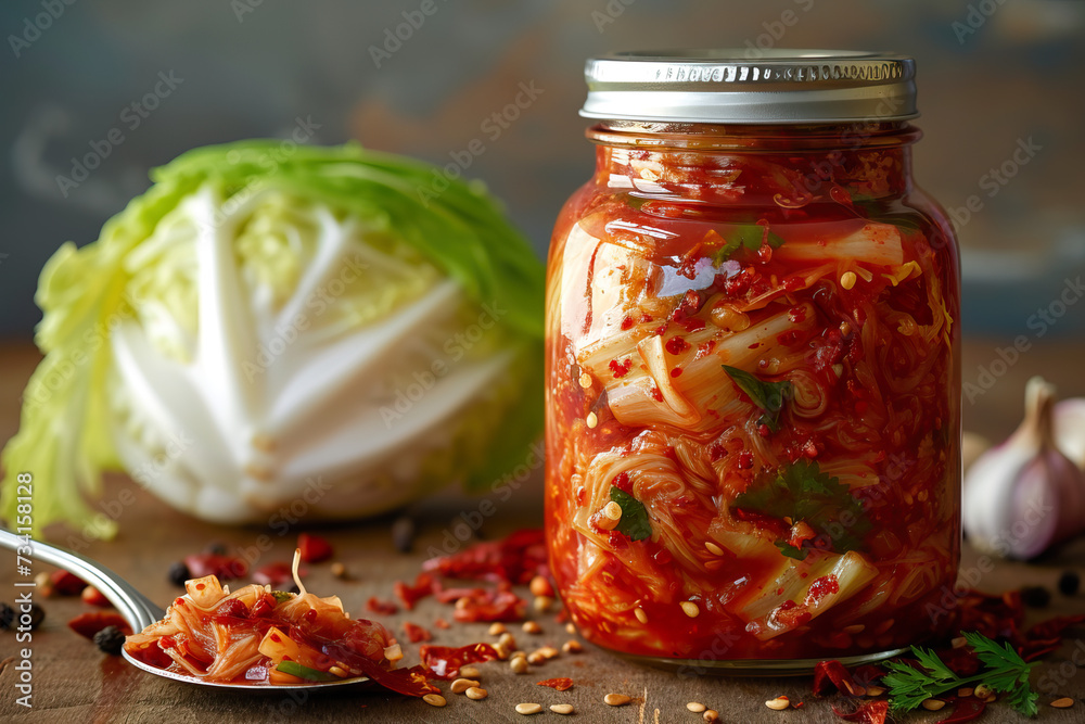 jar with homemade fermented cabbage kimchi traditional Korean dish ...