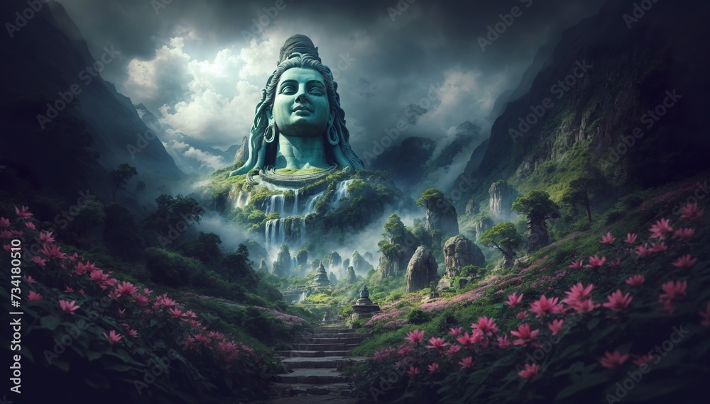 Giant Lord Shiva statue and enchanted valley of flowers Stock Photo ...
