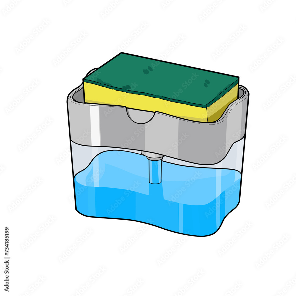 liquid soap inside a transparent box with dish wash sponge, 2D ...