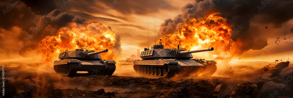 fire burns down a pair of tanks through the desert, in the style of ...