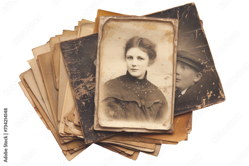 Stack of vintage sepia style photos isolated on transparent background ...