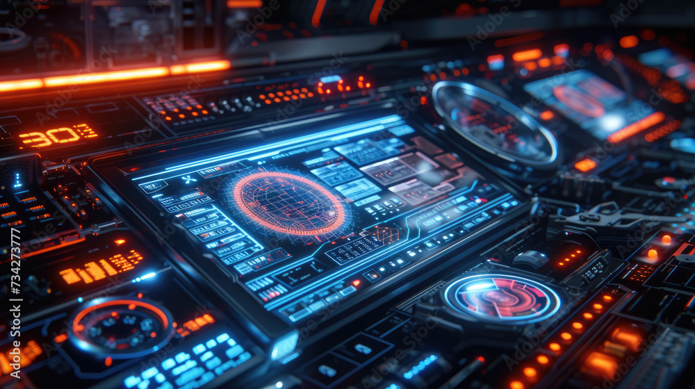 Interface of digital control panel in spaceship command center ...