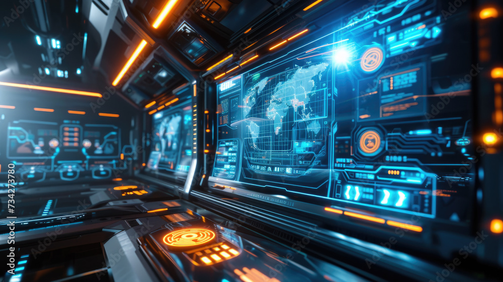 Interface of digital control panel in spaceship command center ...