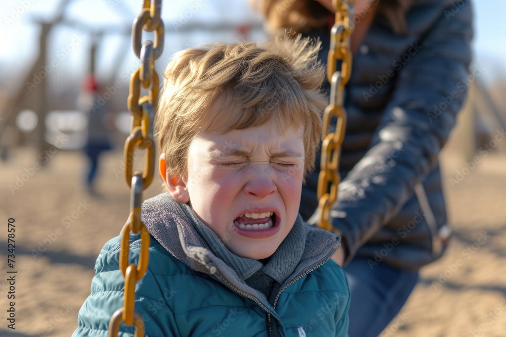 young boy crying at a playground because he doesn't want to share the ...
