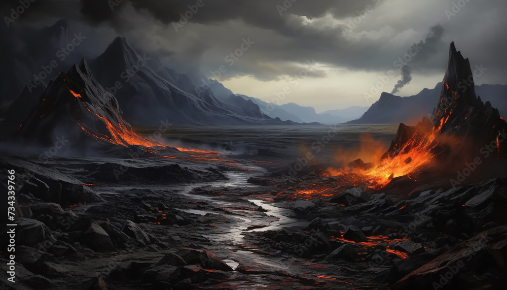 Burning mountain erupts, flames engulf nature landscape, danger ...