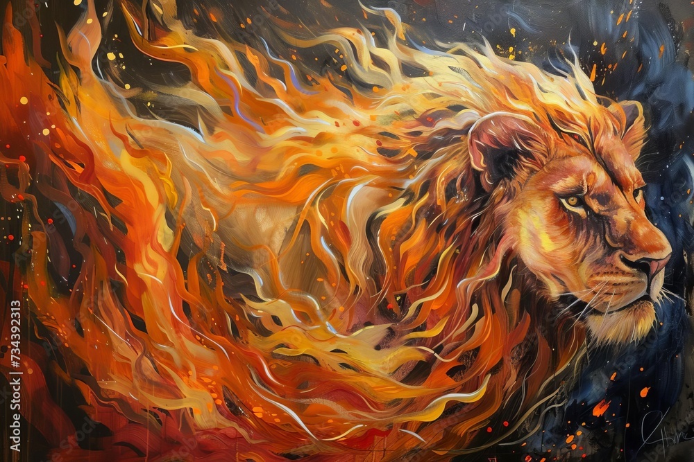 Portrait of a majestic fire lion Blending the fierce beauty of wildlife ...