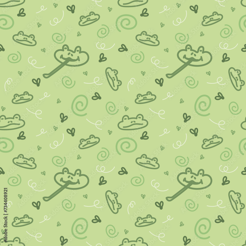 seamless pattern with cute hand drawn frogs catching flies, with ...