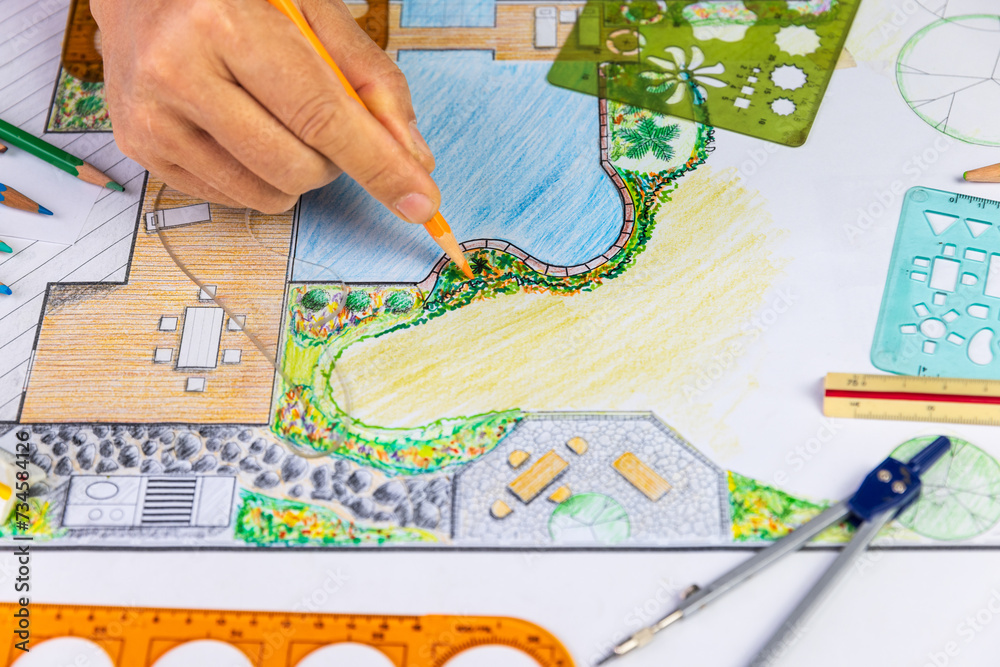 Landscape architect student learning garden plan design by hand drawing ...