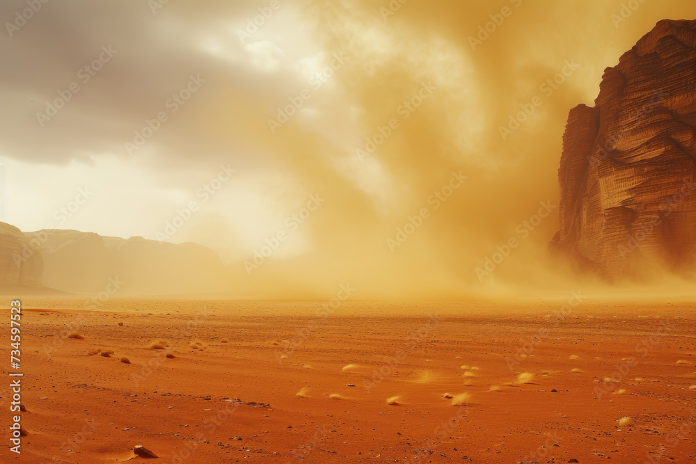 dust storm in a desert, with sand blowing across the landscape Stock ...