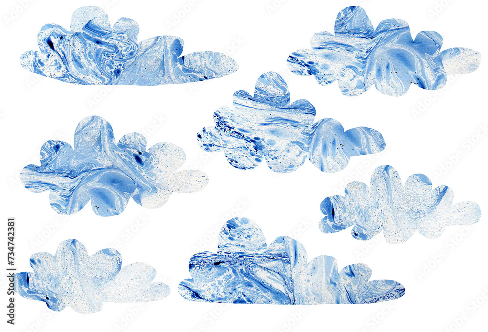 Set of blue clouds. Isolated on white background. Different shapes and ...