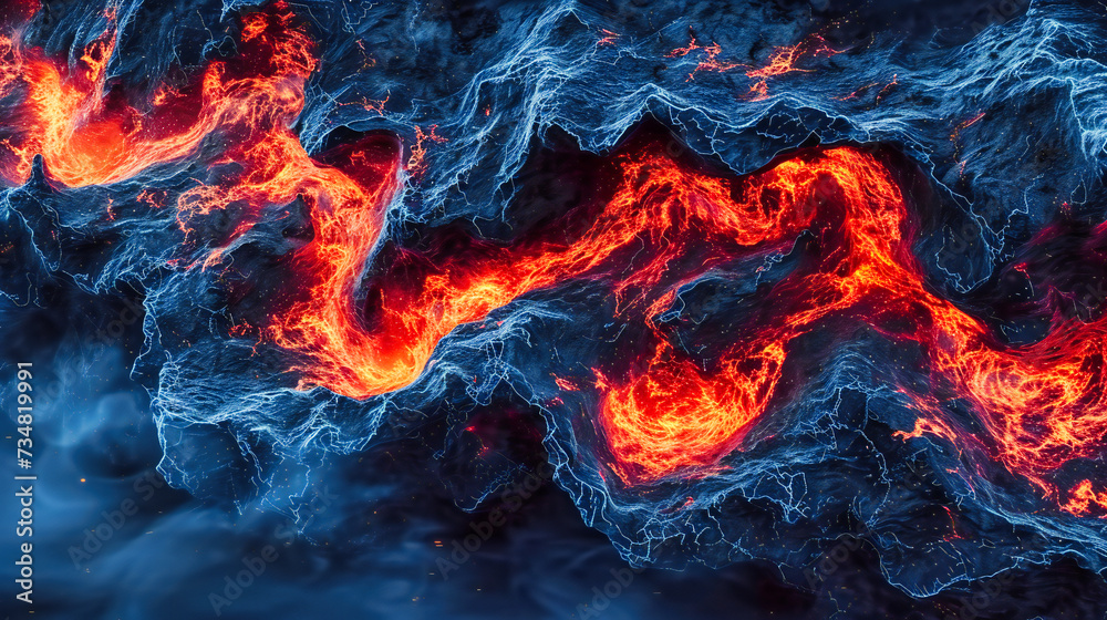 Amidst the fury of elements, where fire and smoke dance in a primal ...