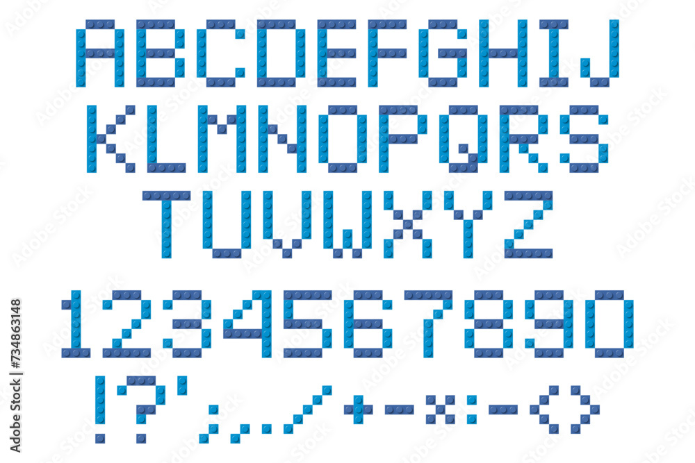 Letters and numbers from blue brick toy blocks. Colourful alphabet ...