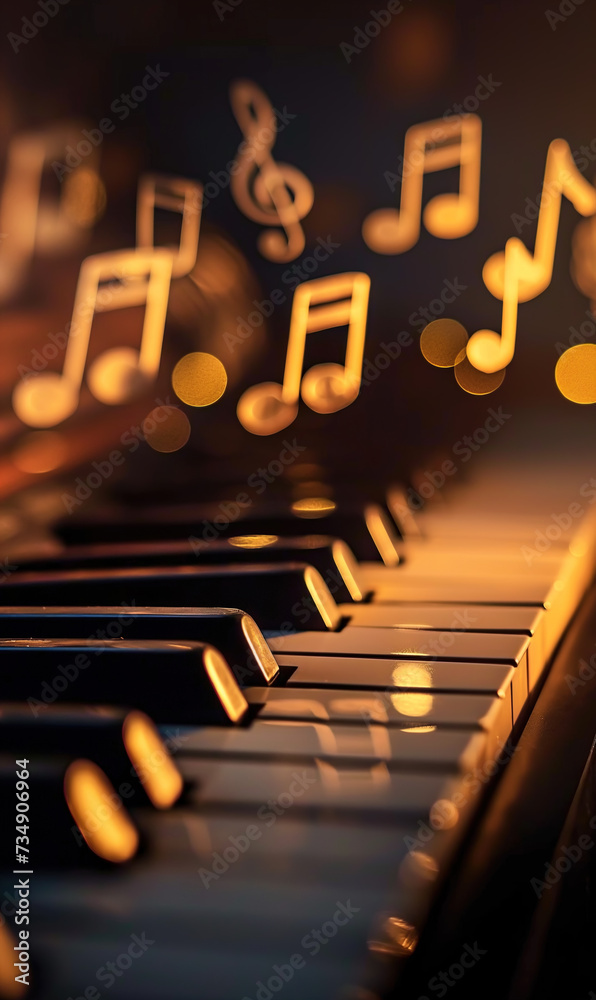 Piano background with musical notes and keys Stock Photo | Adobe Stock
