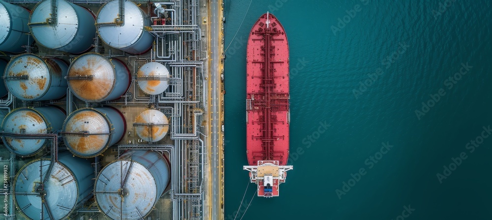 Aerial view of large red cargo ship docked next to industrial oil and ...