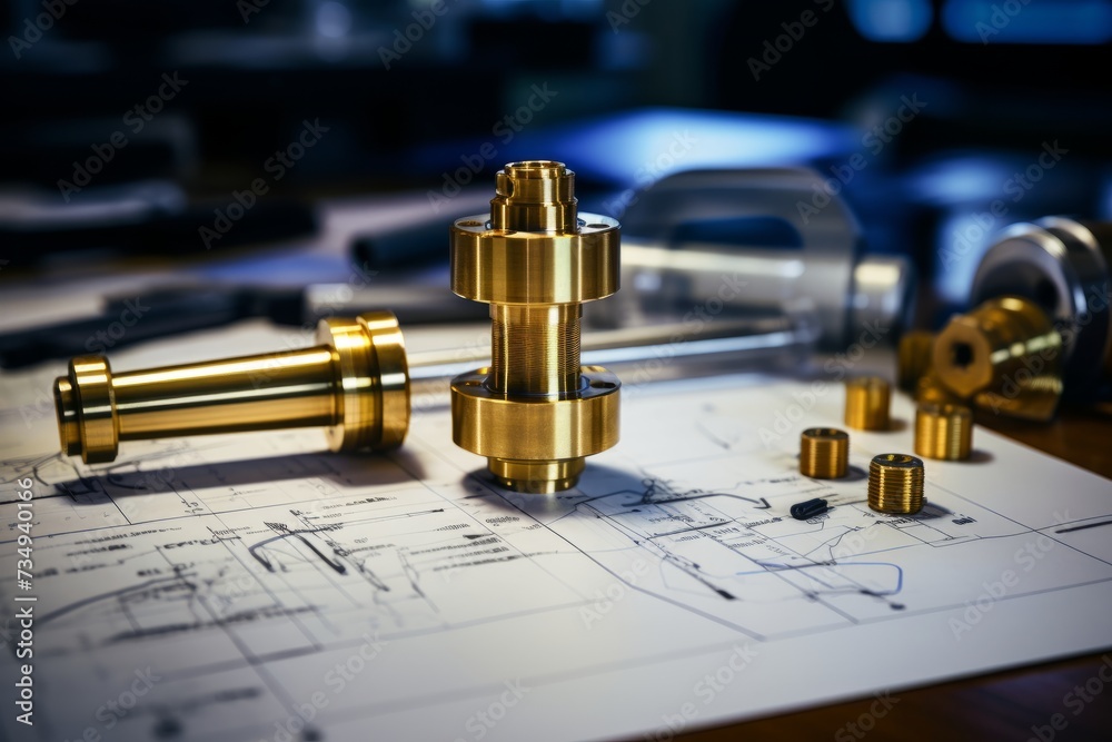 A Close-Up View of a Brass Bushing Resting on a Blueprint in an ...