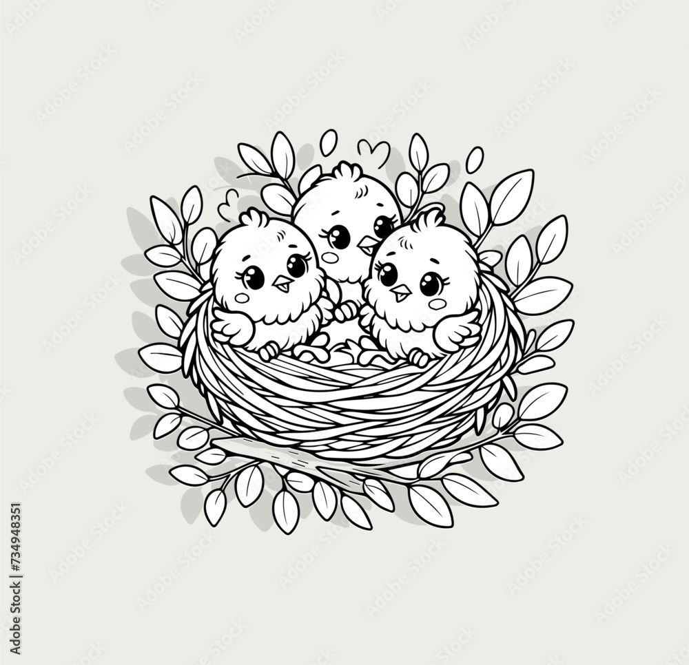 Three happy chicks nestled together in nest logo for children books ...