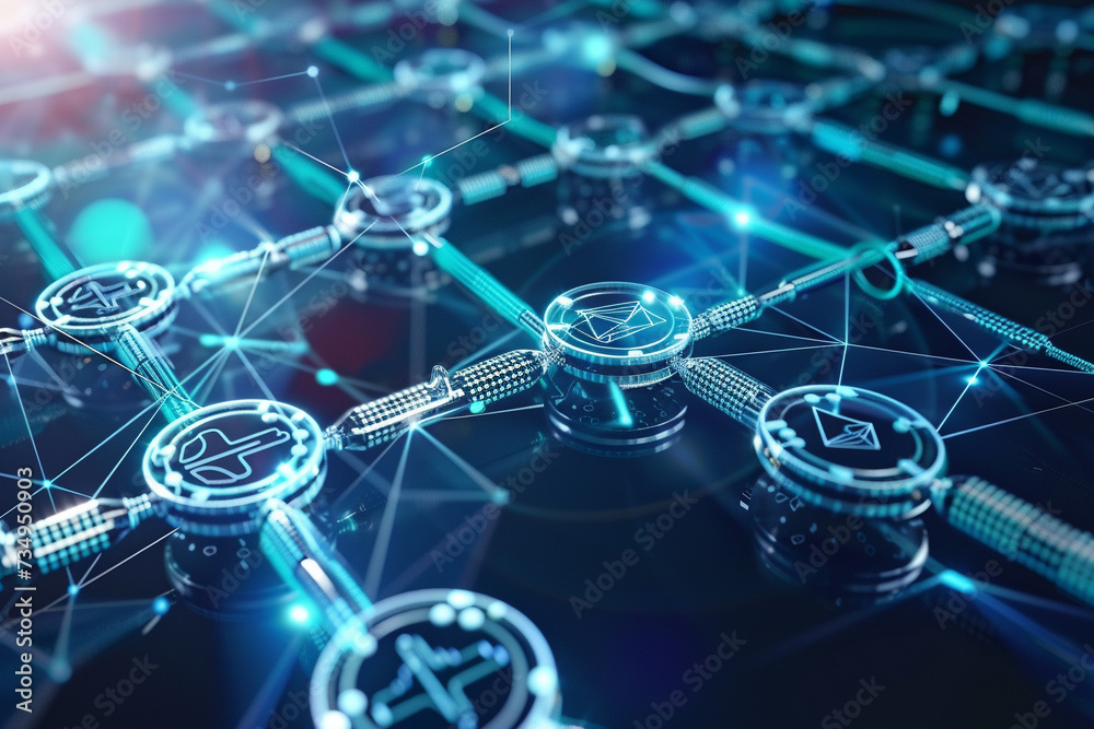 A stylized digital landscape of a secure blockchain network with ...