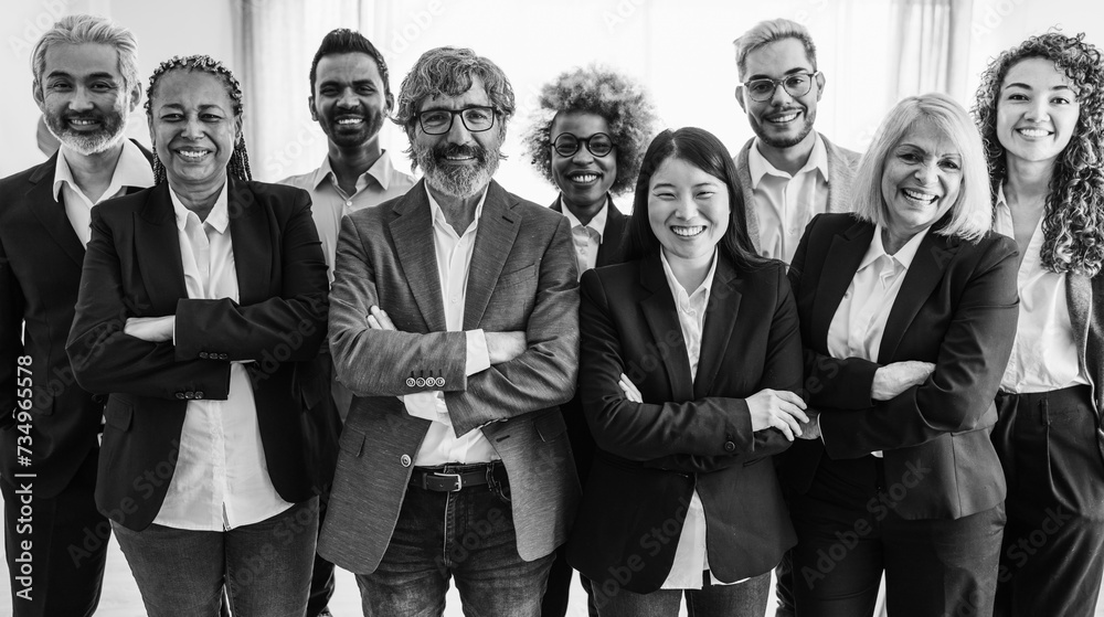 Multi generational workers smiling in front of camera inside business ...