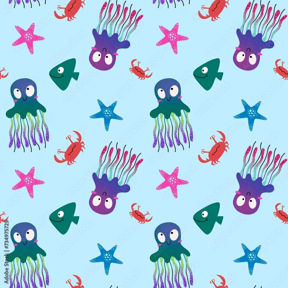 Ocean animals seamless jellyfish and crabs and starfish and fish and ...