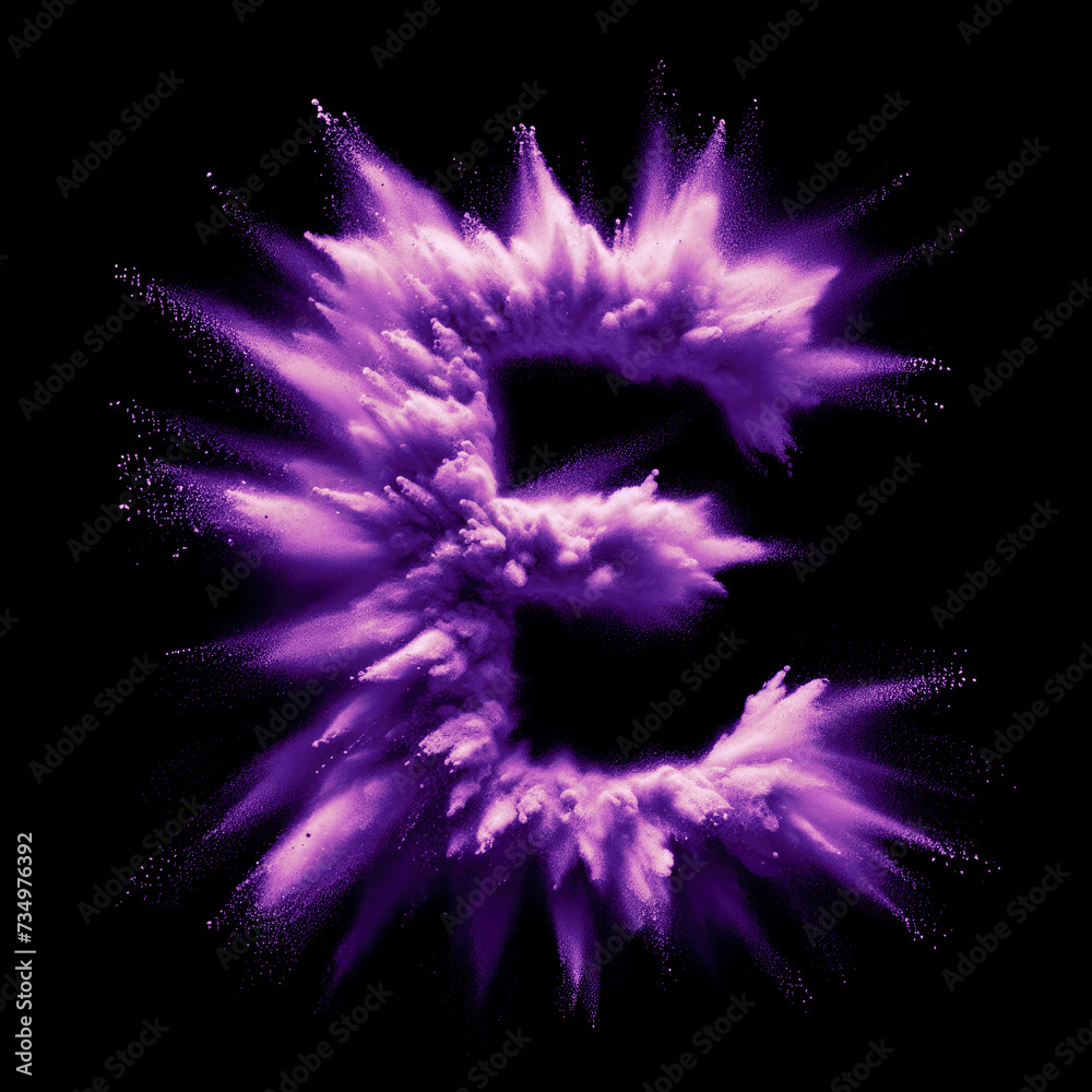 Letter E - Purple powder explosion font isolated on black background ...