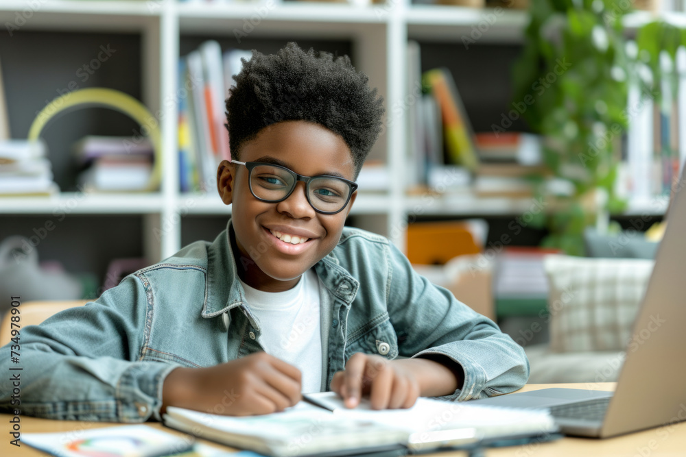 Smiling African American Boy studying with laptop computer. Teenage boy ...