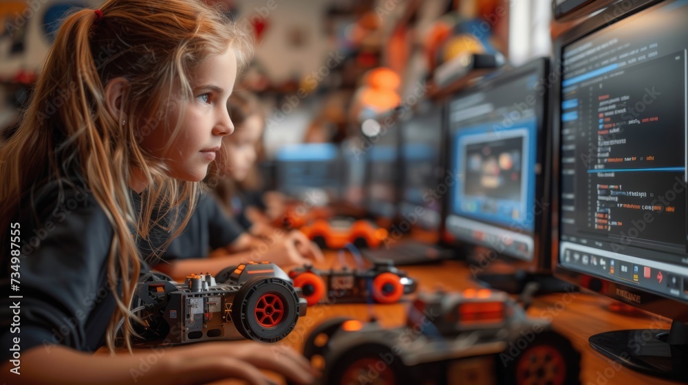 Diverse school children students build robotic cars using computers and coding. Happy ...