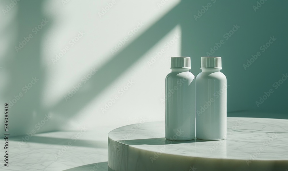 Two bottles of pharmacy medicine on a counter, in futuristic settings ...
