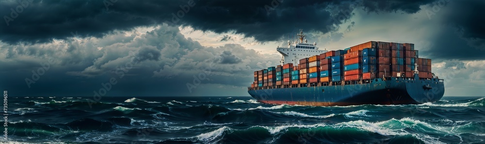 Cargo ship stern navigating stormy seas, import export containers ...