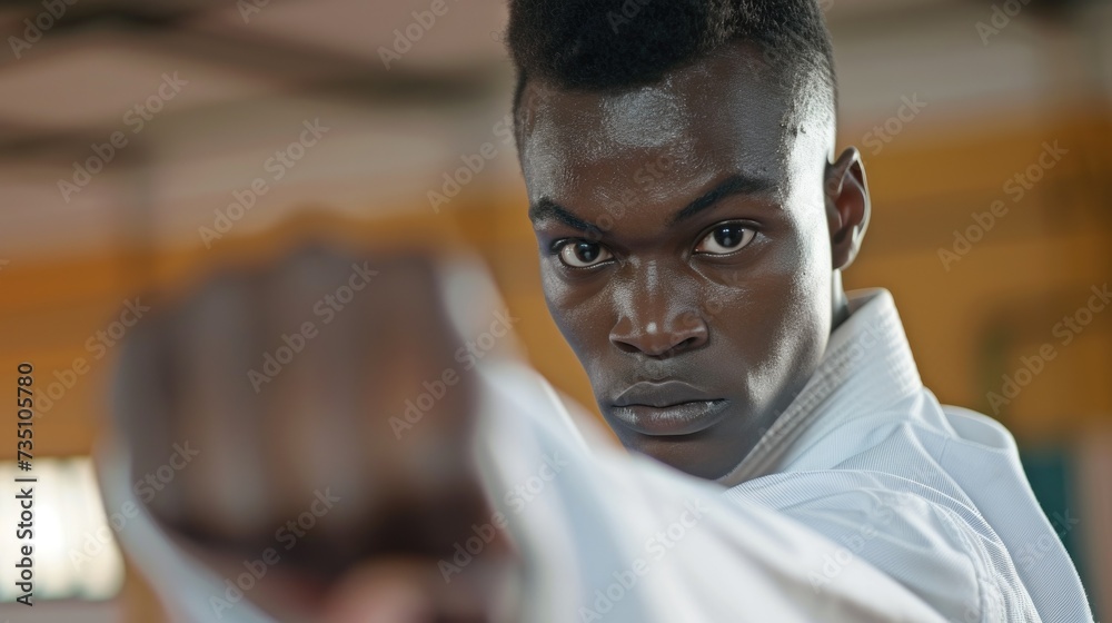 The image captures a young, determined male martial artist in a white ...
